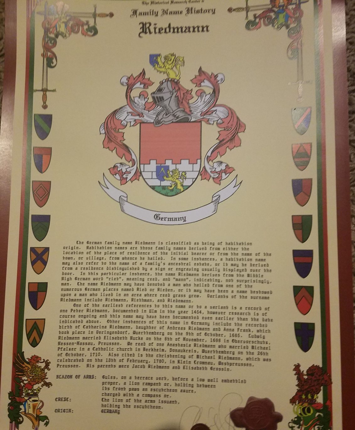 Riedmann Coat of Arms – The Riedmann Family